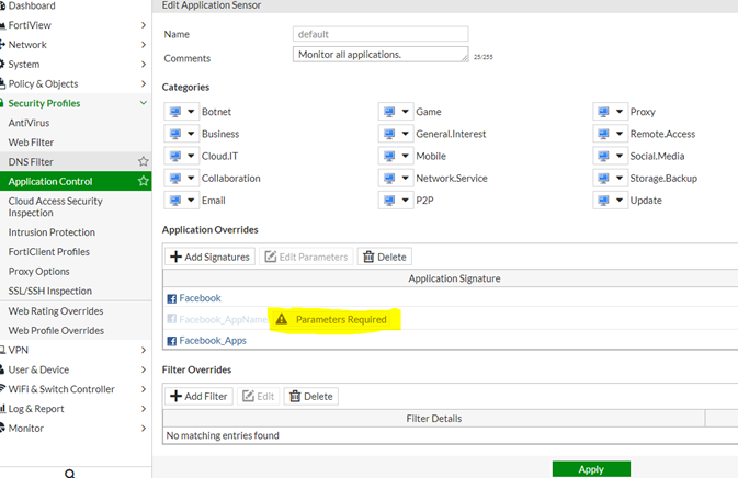 Technical Tip: 'Parameters Required' under 'Applic... - Fortinet Community