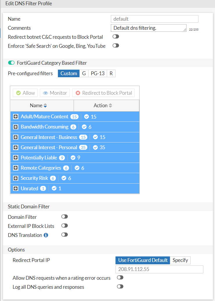 Enabling Category-Based DNS filter with "Allow all... - Fortinet Community
